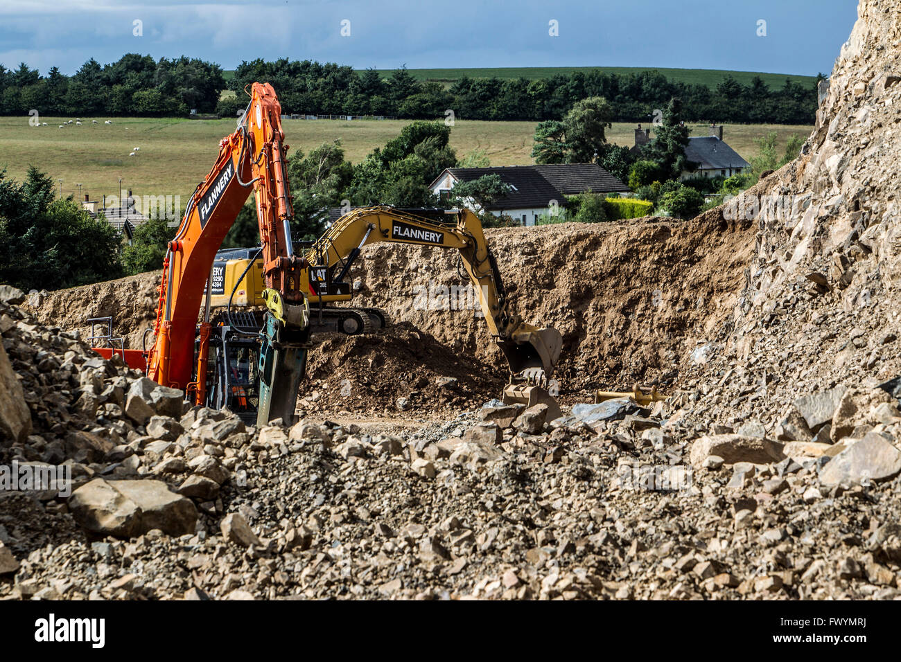 Diggers working in Quarry for Borders railway Construction, Scotland ...