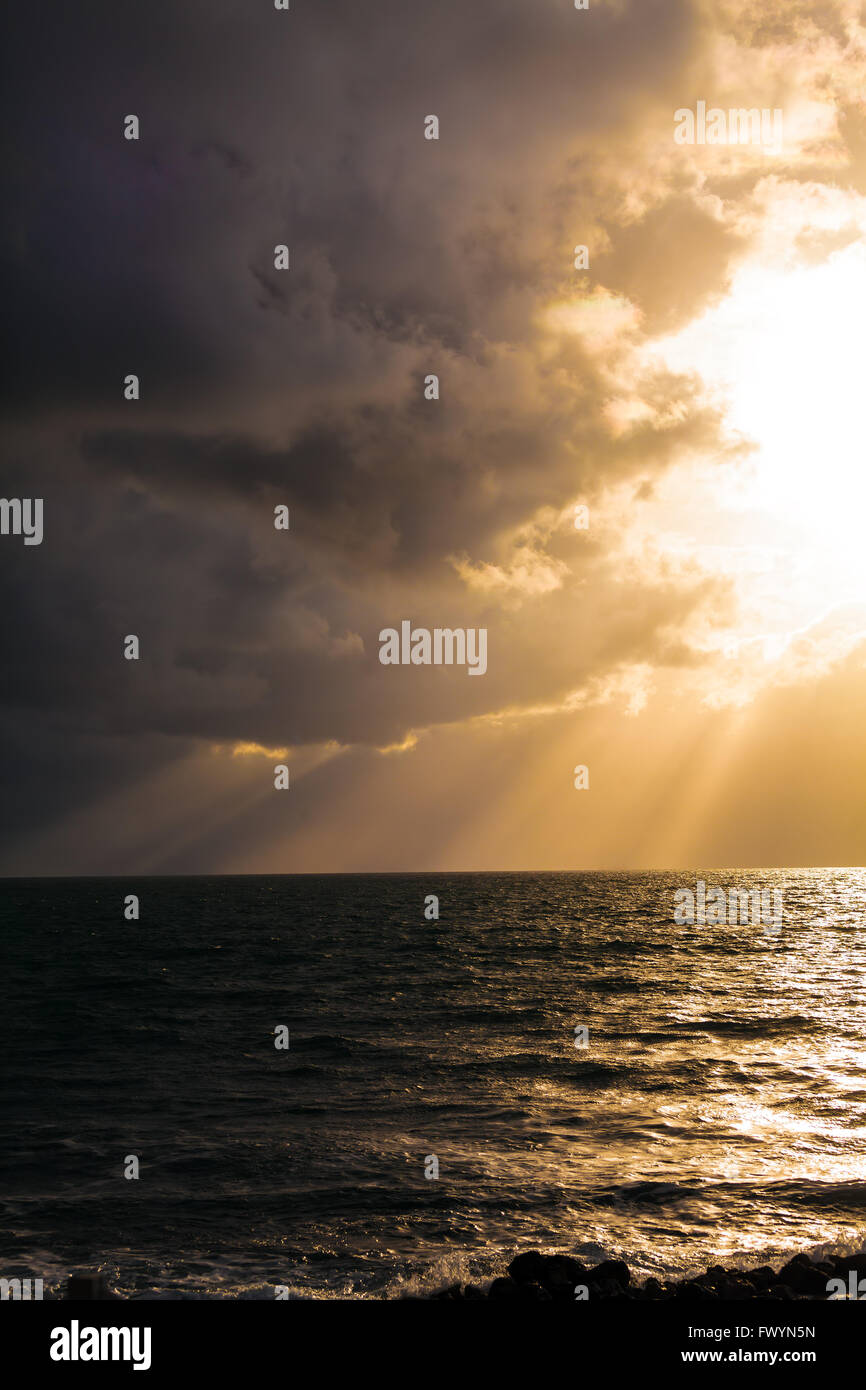 Dramatic Light with Sun Rays and Heavy Clouds above Mediterranean Sea ...