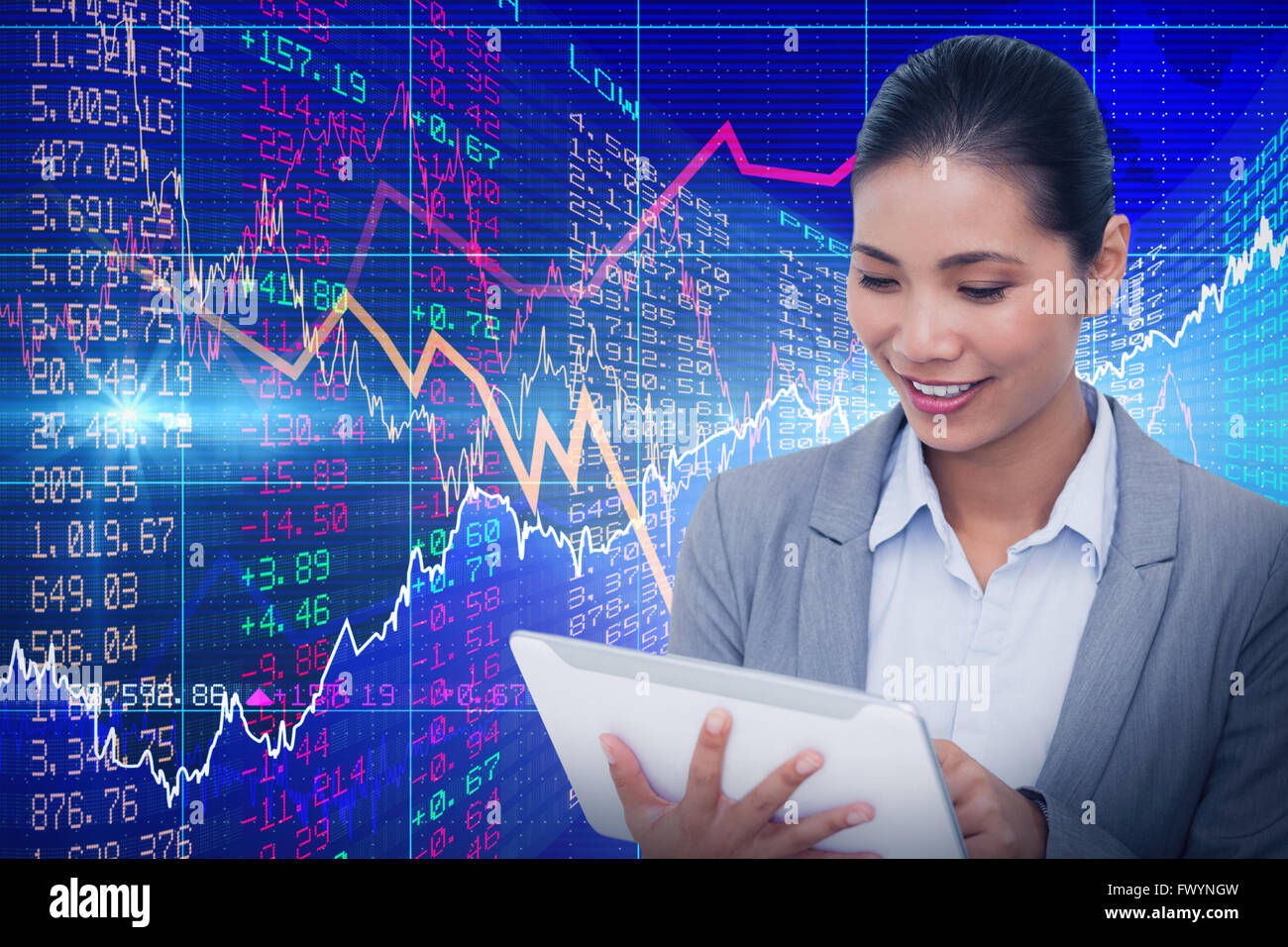 Composite image of close up of a laughing customer service agent using ...