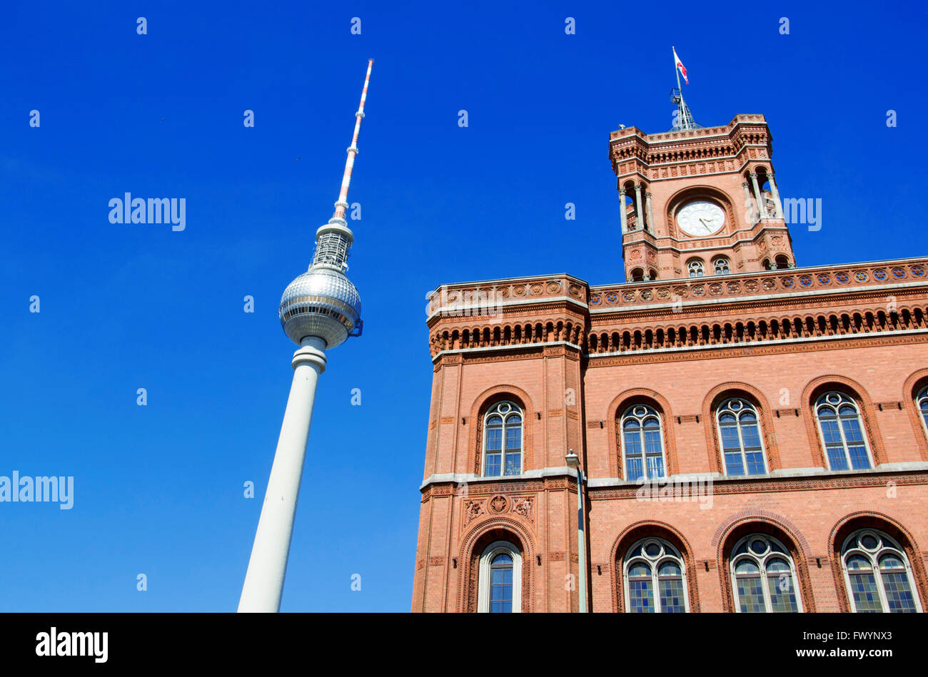 television tower and red city hall in berlin Stock Photo - Alamy