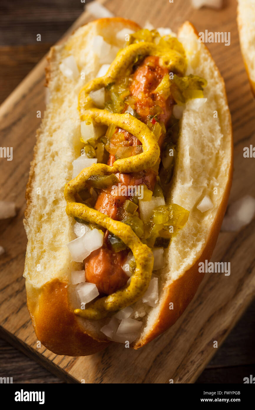 Healthy Grilled Turkey Hot Dog with Mustard and Onions Stock Photo - Alamy