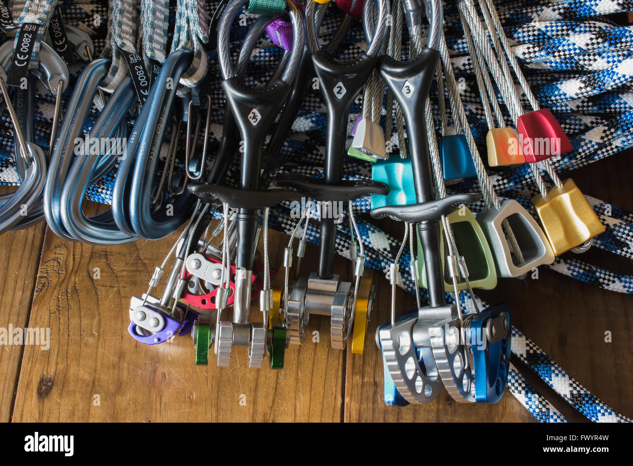 Rock Climbing Protection: Cams, Nuts, Quickdraws and Rope Stock Photo ...