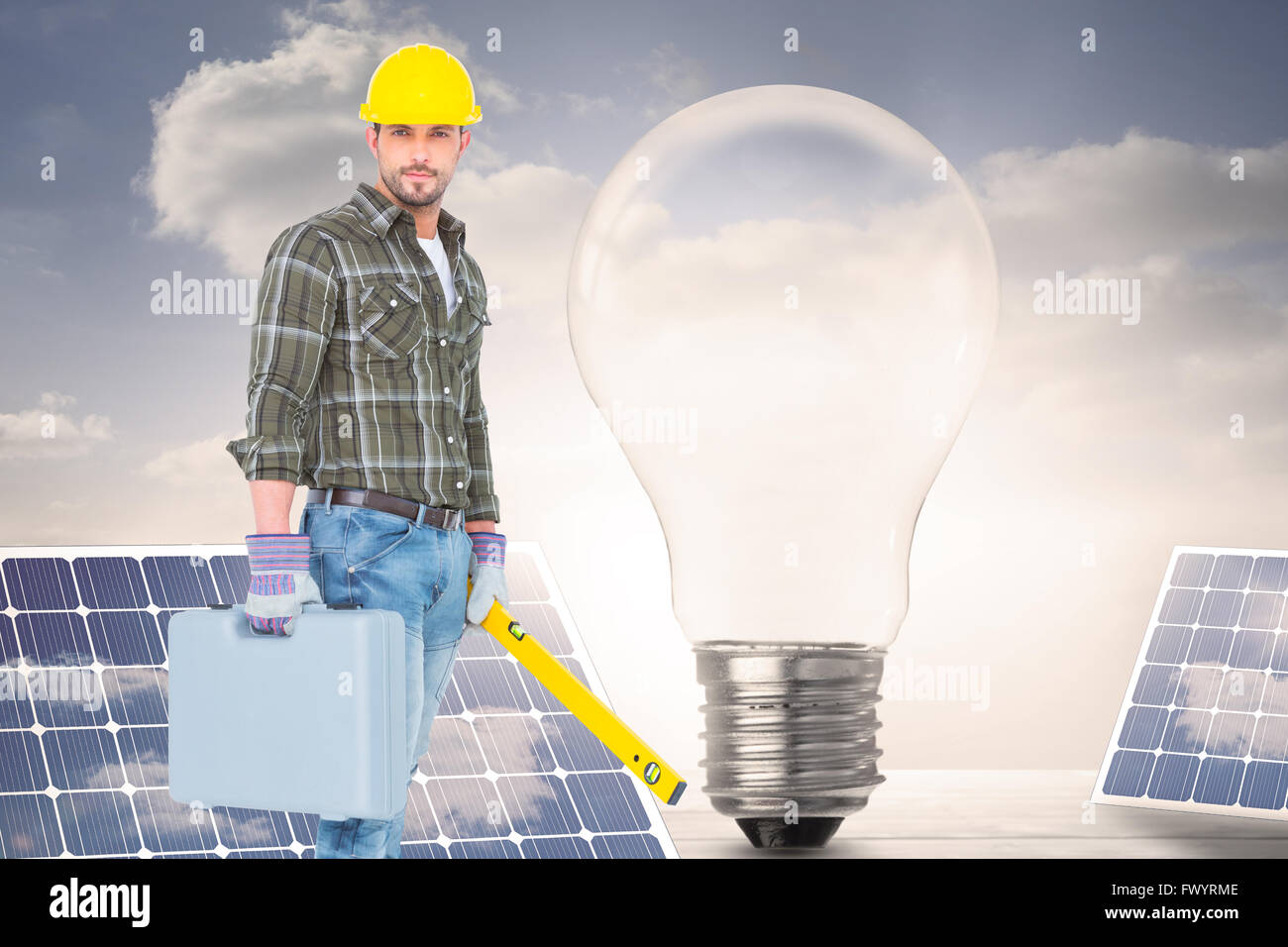 Composite image of manual worker with spirit level and toolbox Stock ...