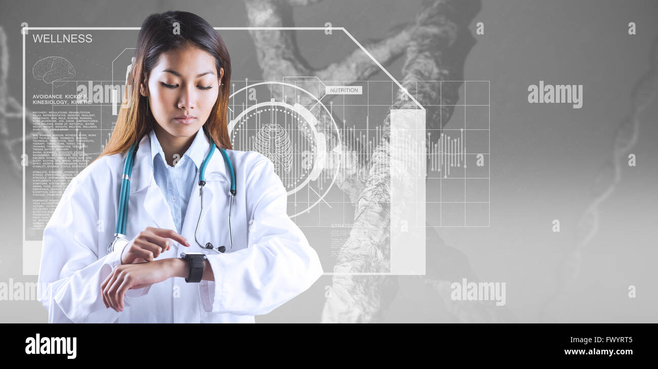 Composite image of asian doctor using her smart watch Stock Photo - Alamy