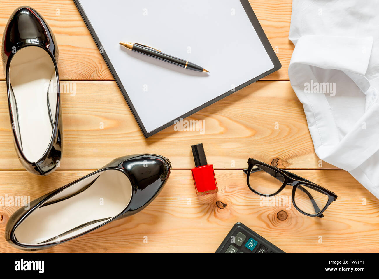 Female office clothes and accessories from top view Stock Photo - Alamy