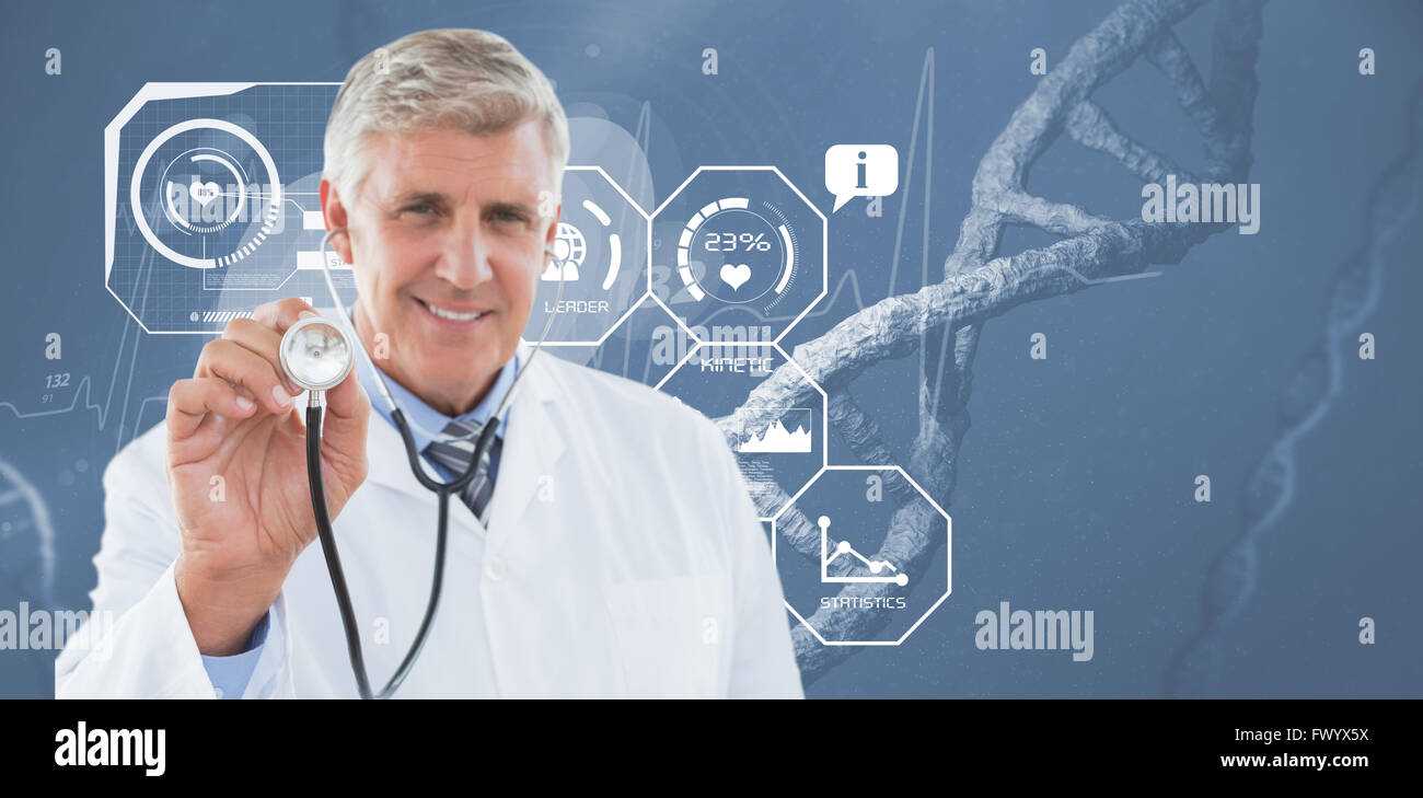 Happy doctor smiling at camera and showing his stethoscope Stock Photo ...