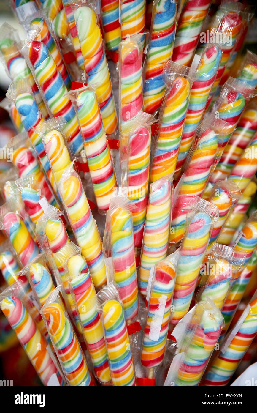 Sweet colorful lollipops on street market as a background Stock Photo ...