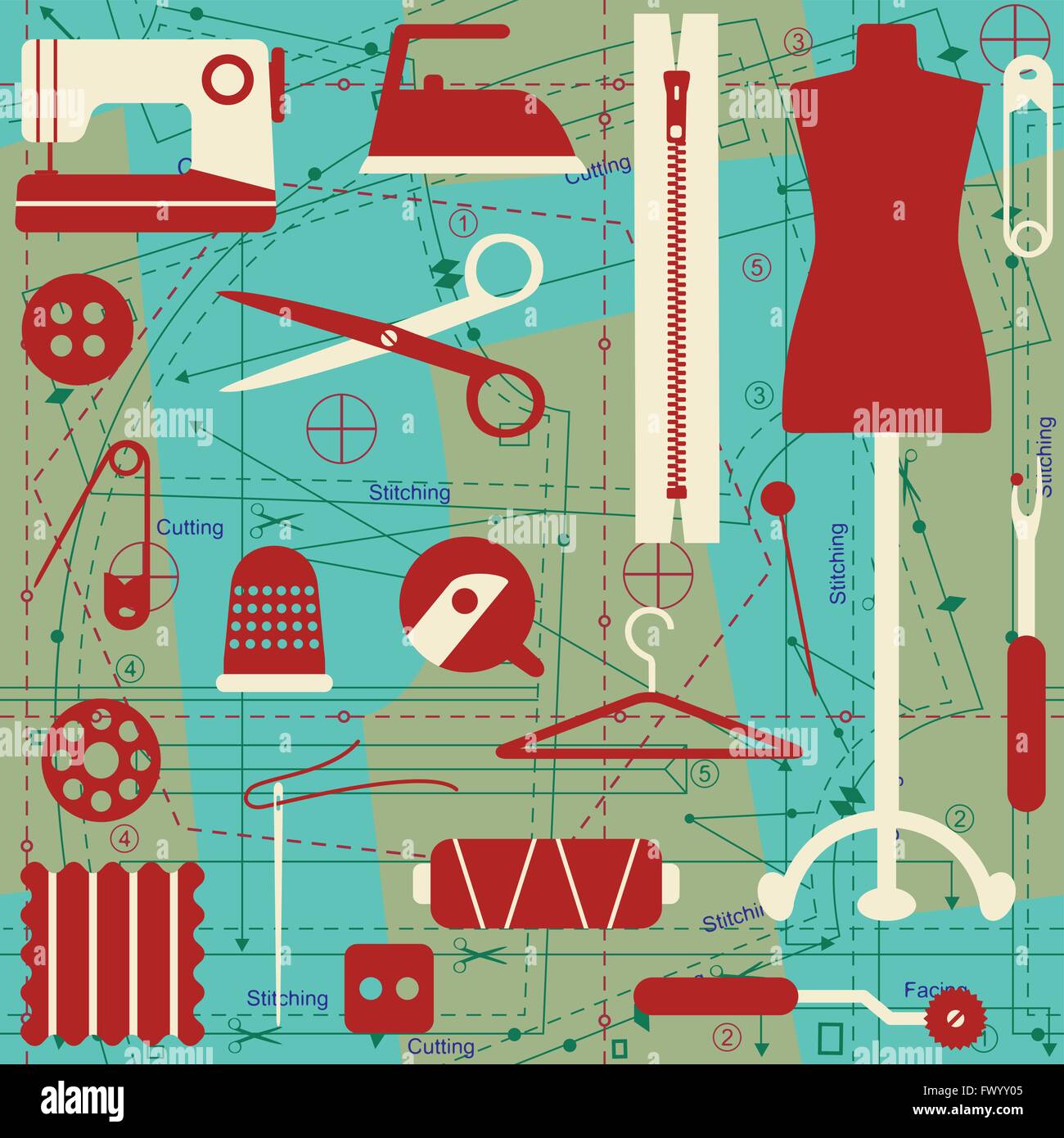 Vector Seamless Pattern Background With Sewing Related Elements Stock