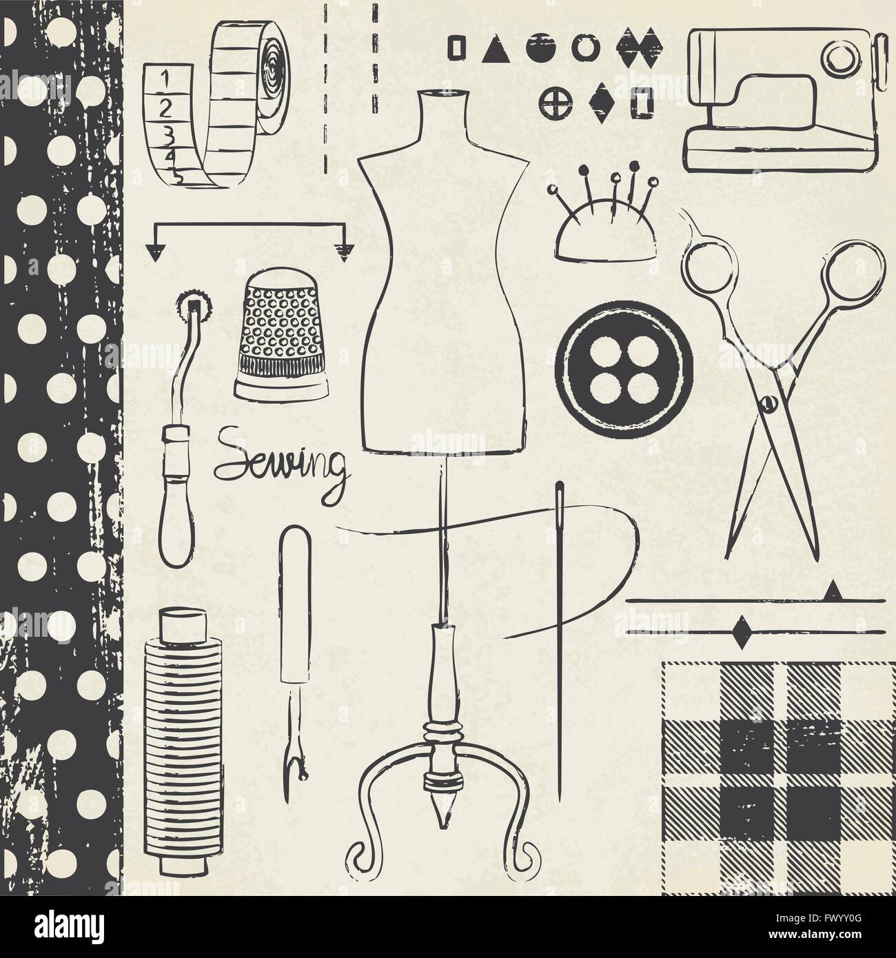 Vintage hand drawn sewing related symbols on paper background 1 Stock ...