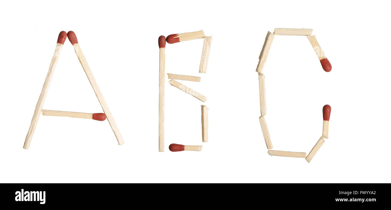 A, B, C letters made of matches isolated on white background Stock ...