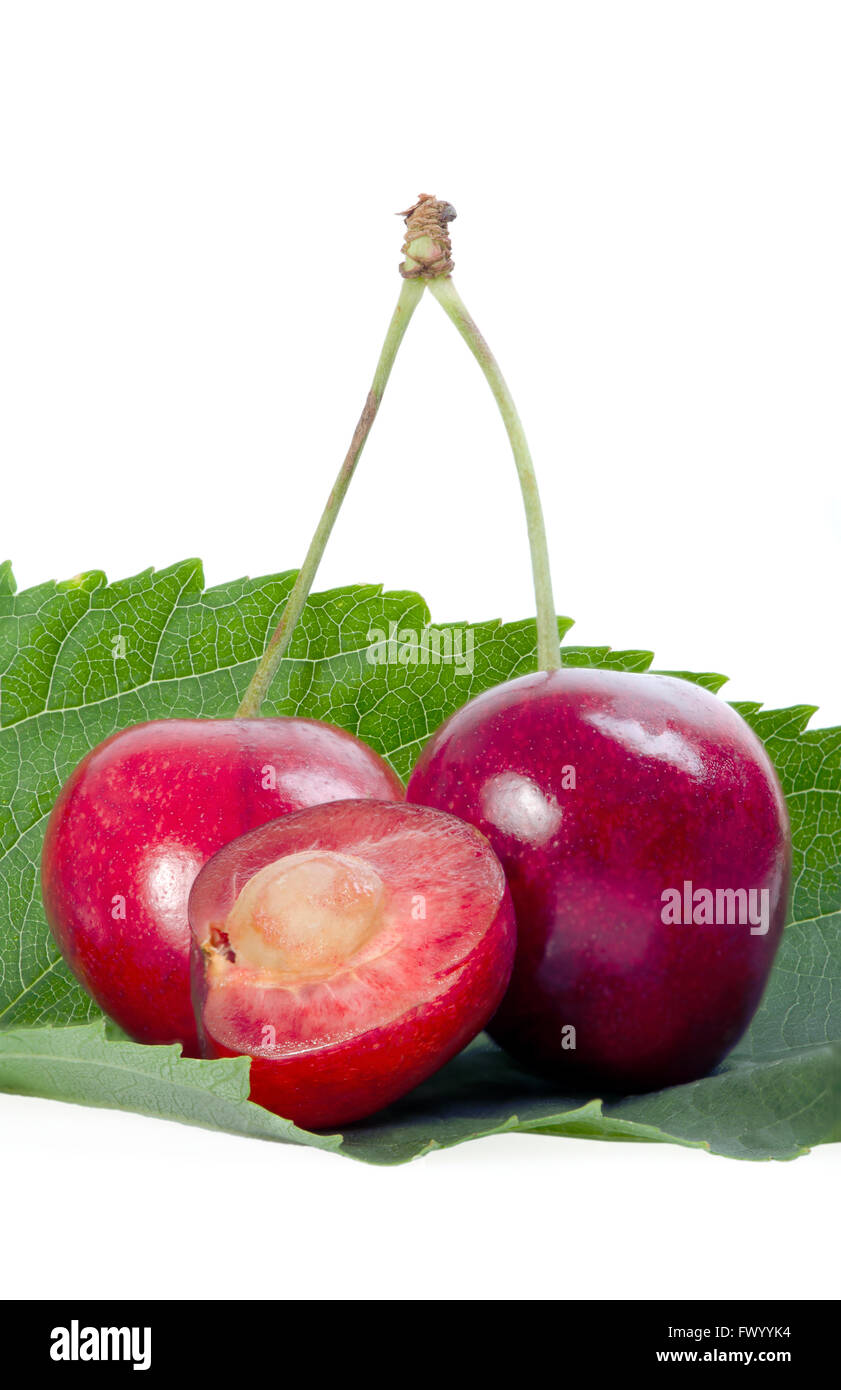 Two and one cut cherries on a leaf Stock Photo - Alamy