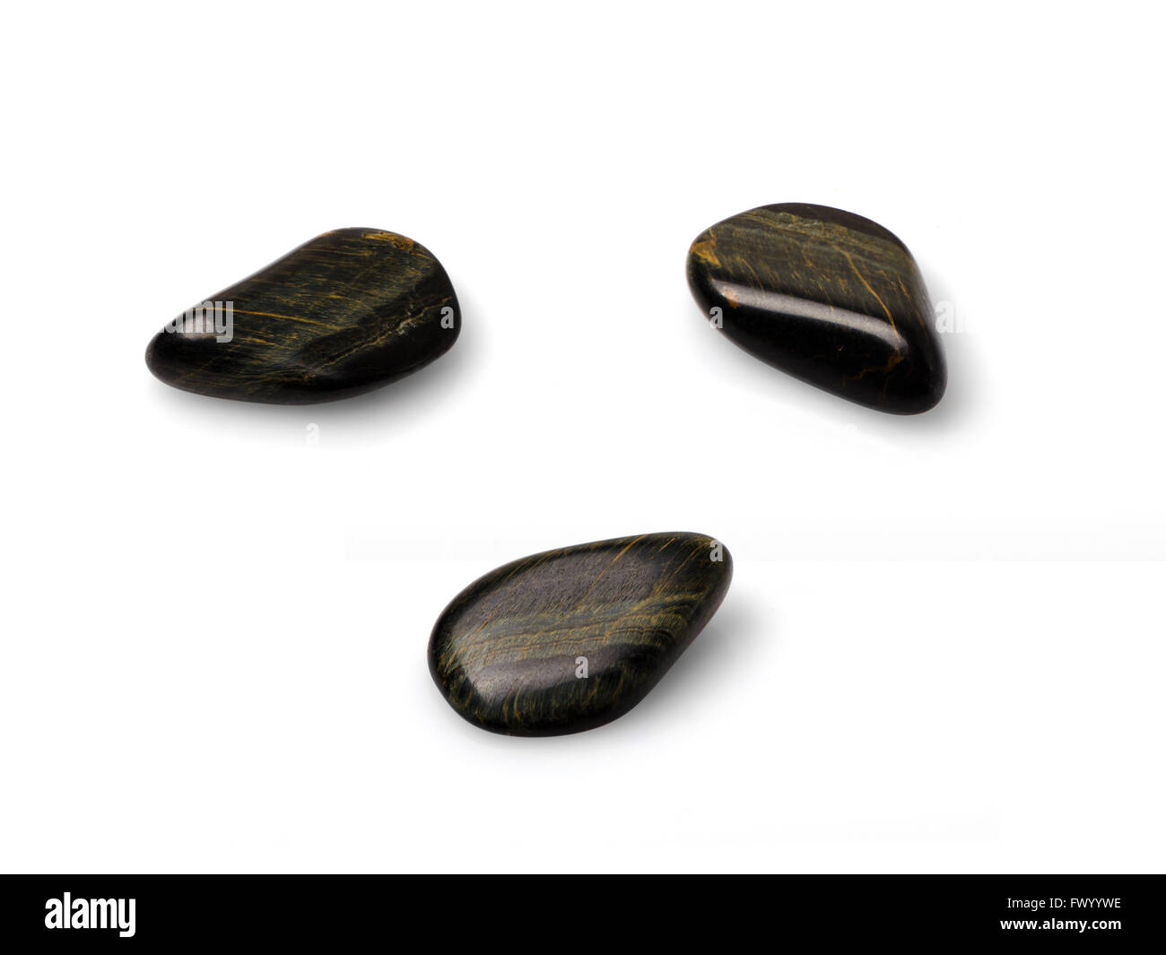 Glossy hawk eye gem shot from three angles isolated on white background ...