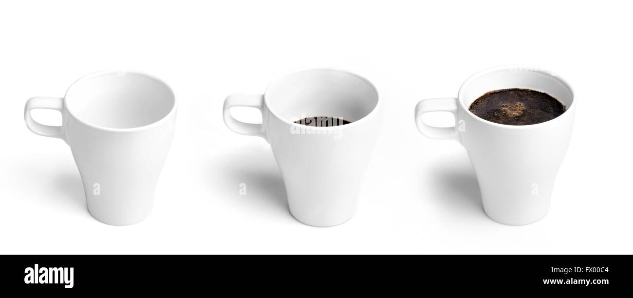 Three cups of coffee, empty, semifull and full one, isolated on white ...