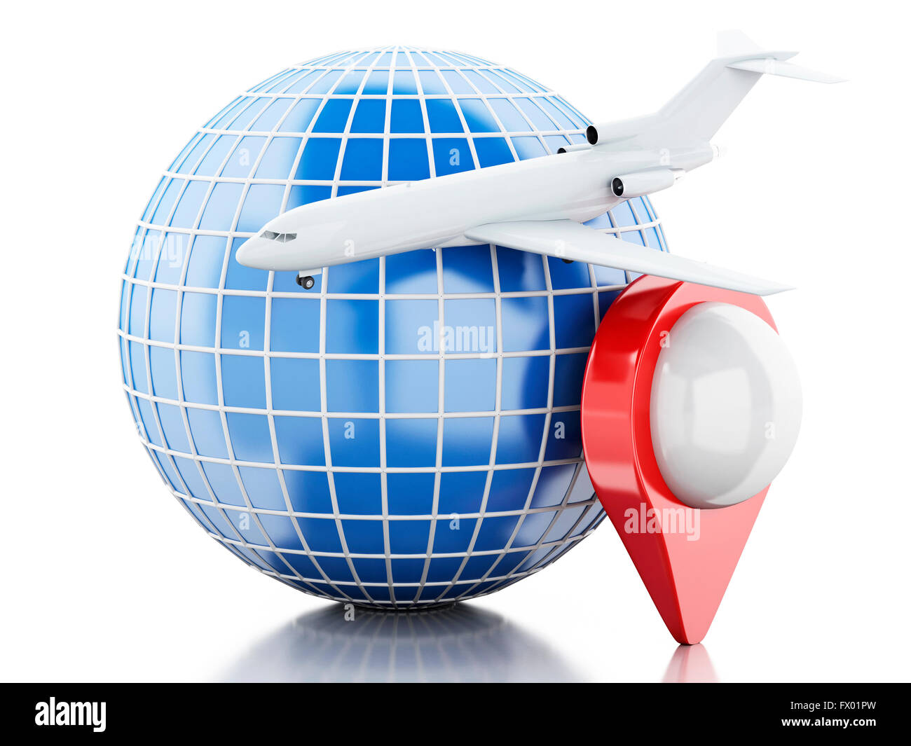3D Illustration. Airplane flying around globe with map pointer. Travel ...