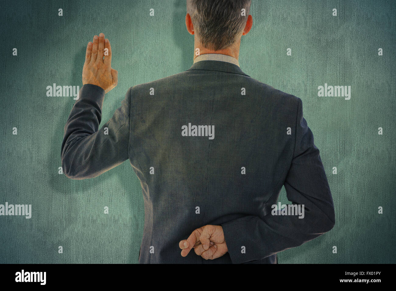 Composite image of rear view of businessman taking oath with fingers ...