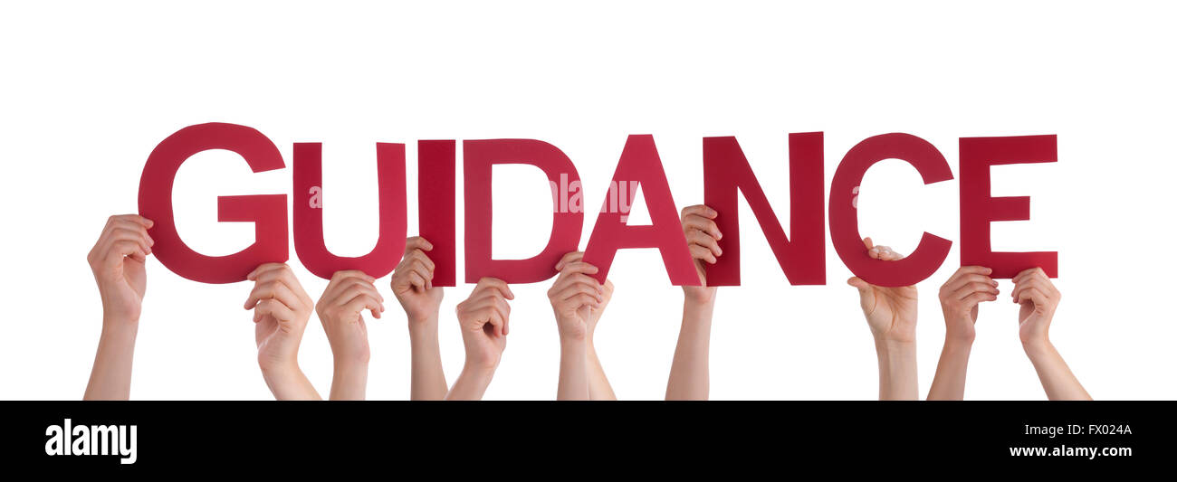 Many People Hands Holding Red Straight Word Guidance Stock Photo - Alamy