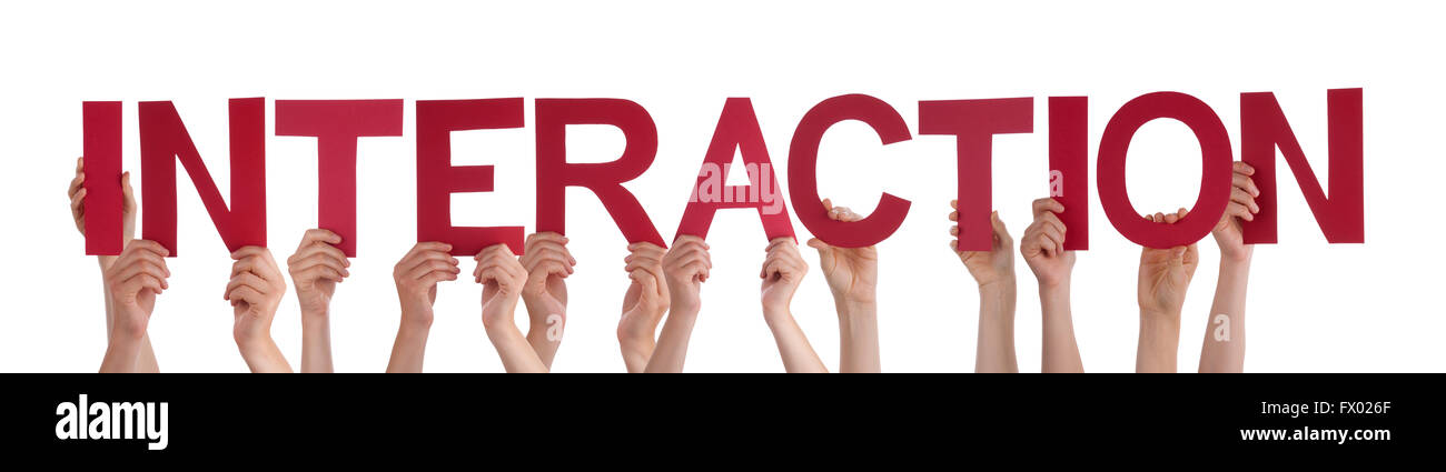 Many People Hands Holding Red Straight Word Interaction Stock Photo - Alamy
