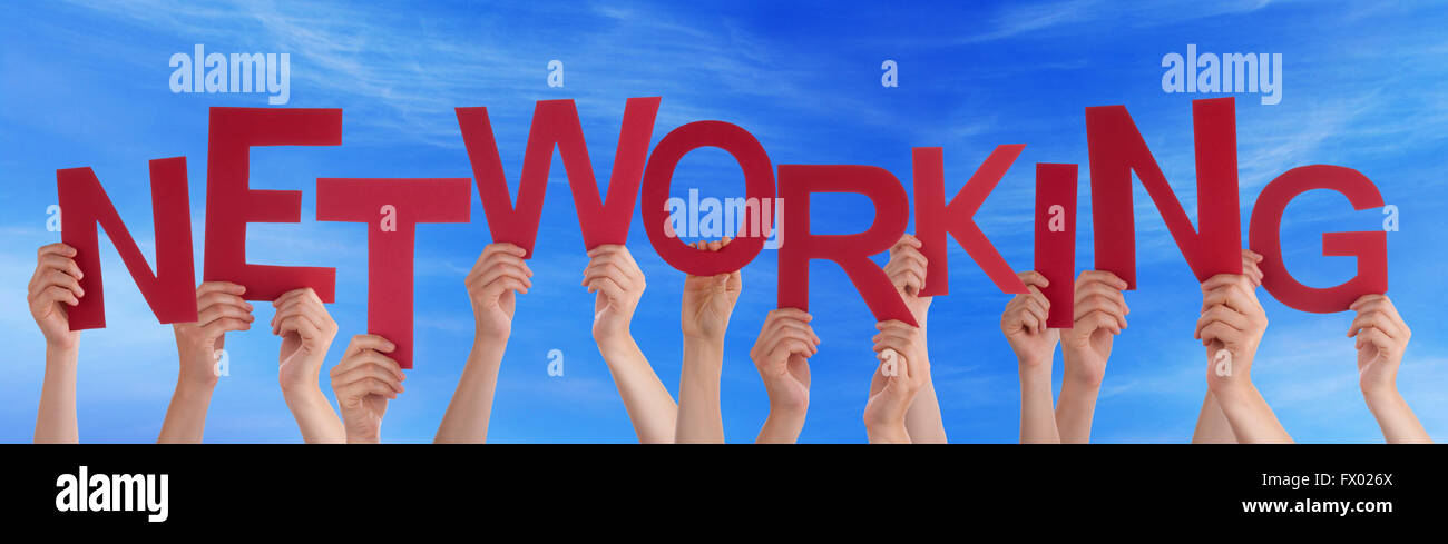 Many People Hands Holding Red Word Networking Blue Sky Stock Photo - Alamy