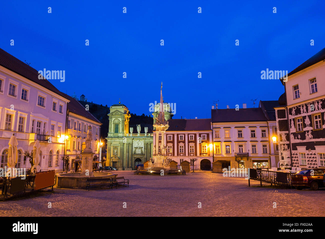 Main Square with the fountain and Holy Trinity Statue in Mikulov in ...