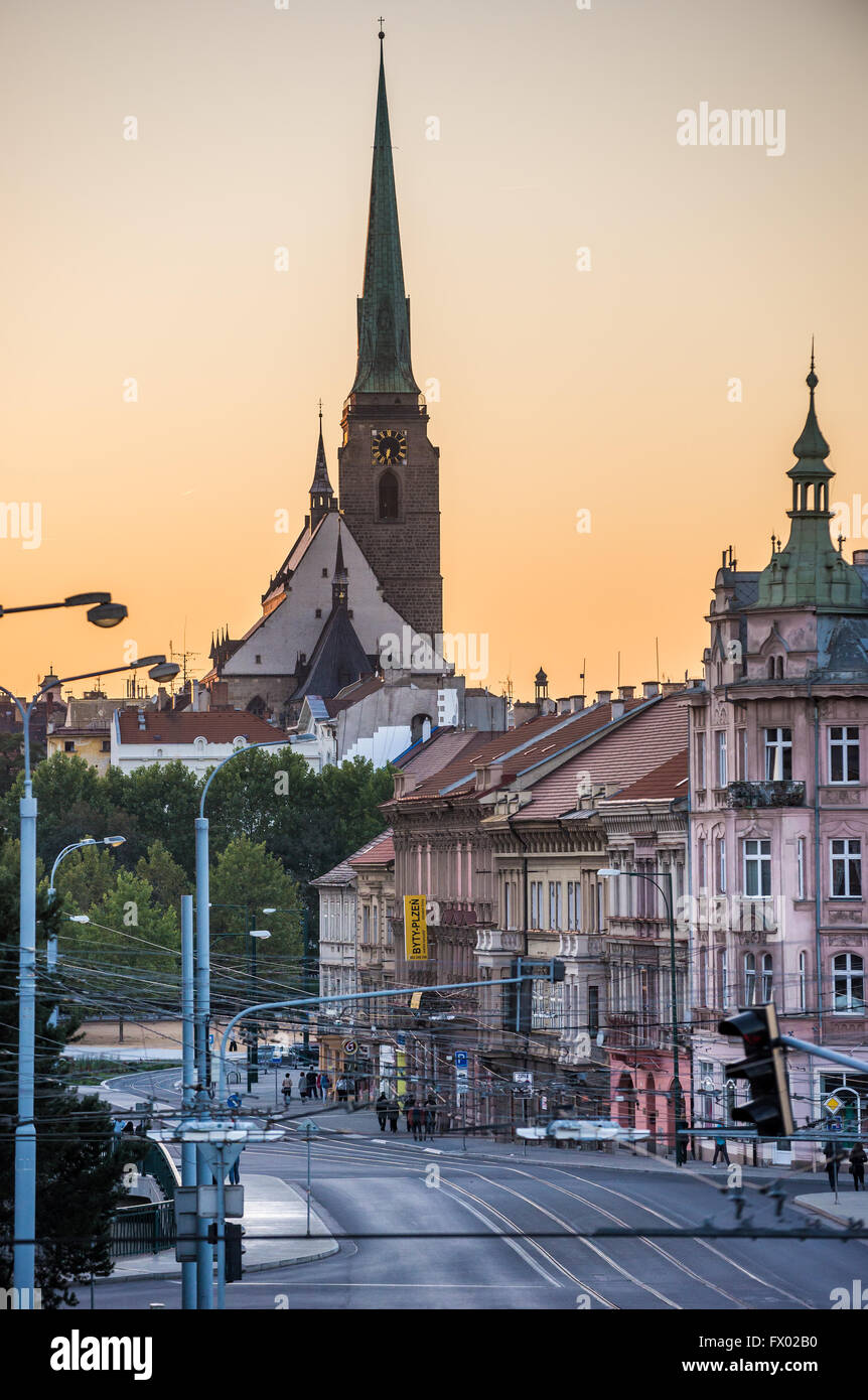 Prazska street in Pilsen city, Czech Republic. Cathedral of Saint ...