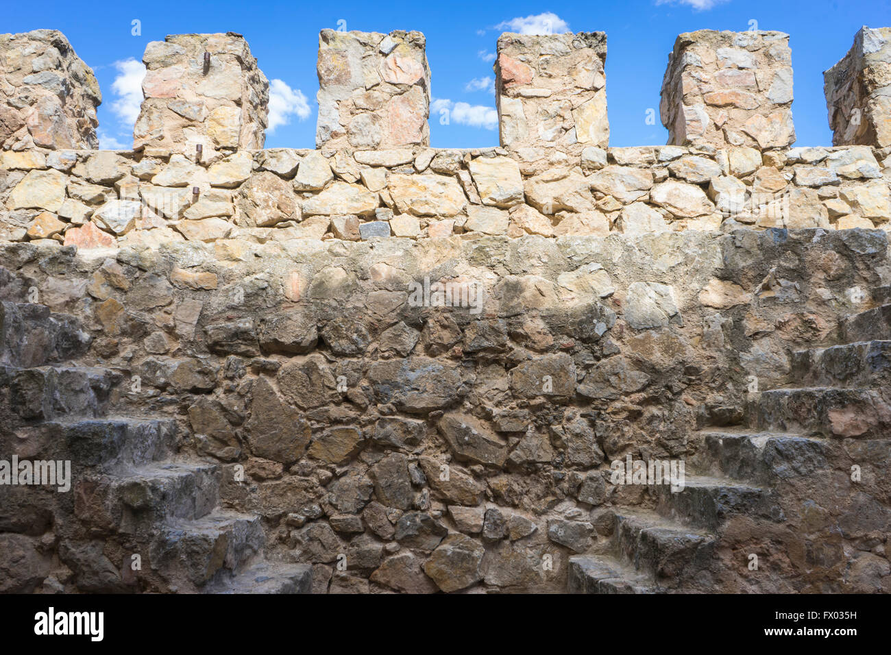 fort wall medieval stone tower in the city of Toledo, Spain, ancient ...
