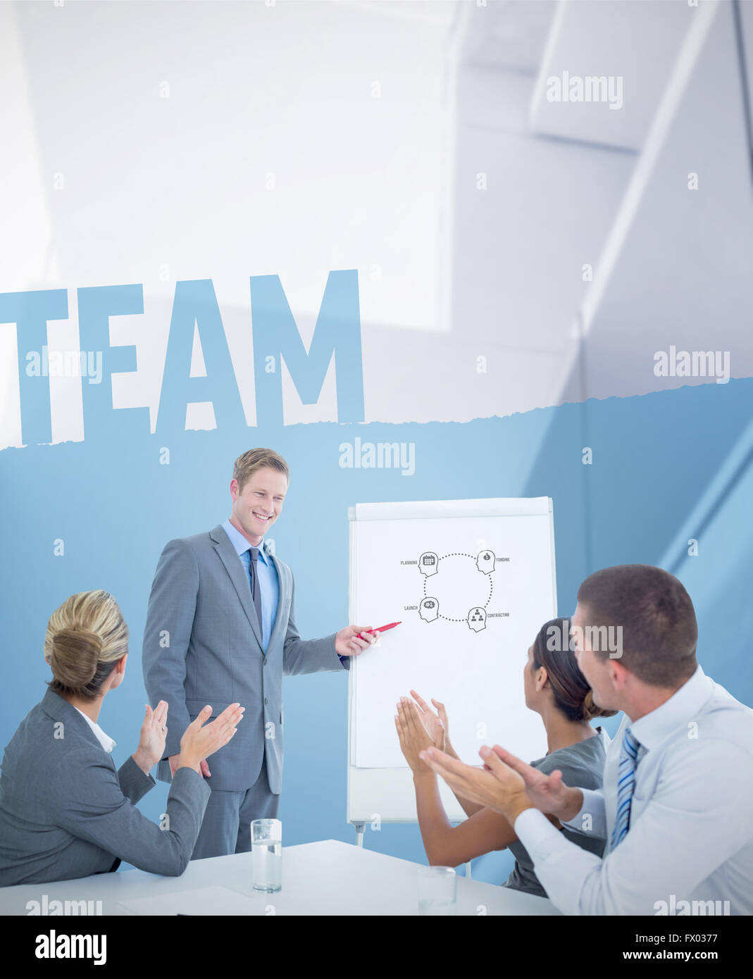 Composite image of manager presenting whiteboard to his colleagues ...
