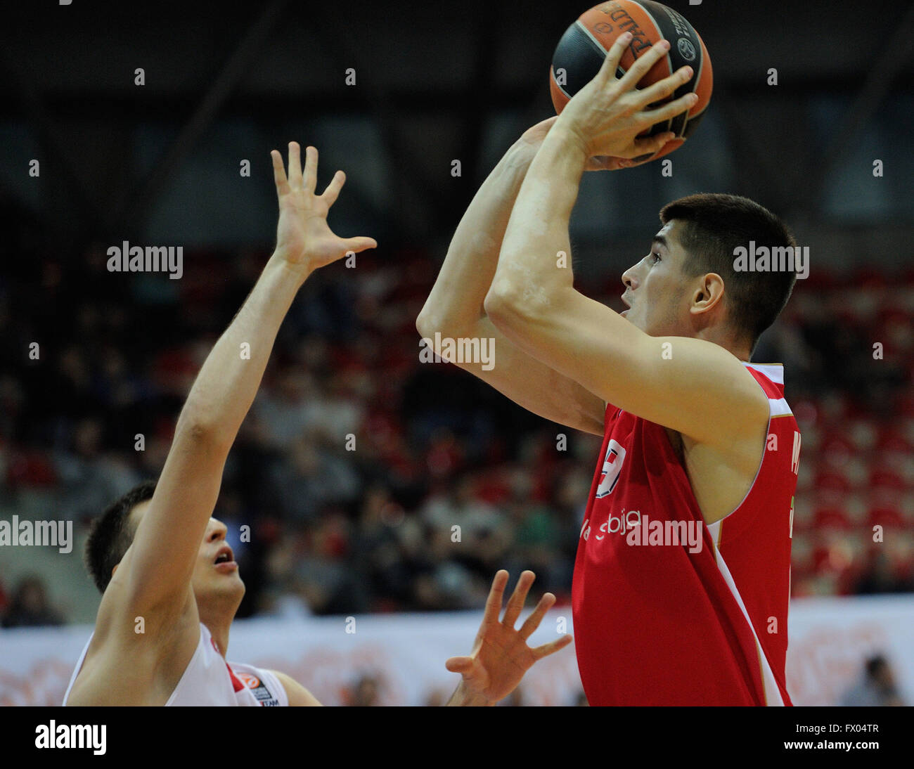 Zagreb, Croatia. 8th Apr, 2016. Luka Mitrovic (R) of Crvena Zvezda ...