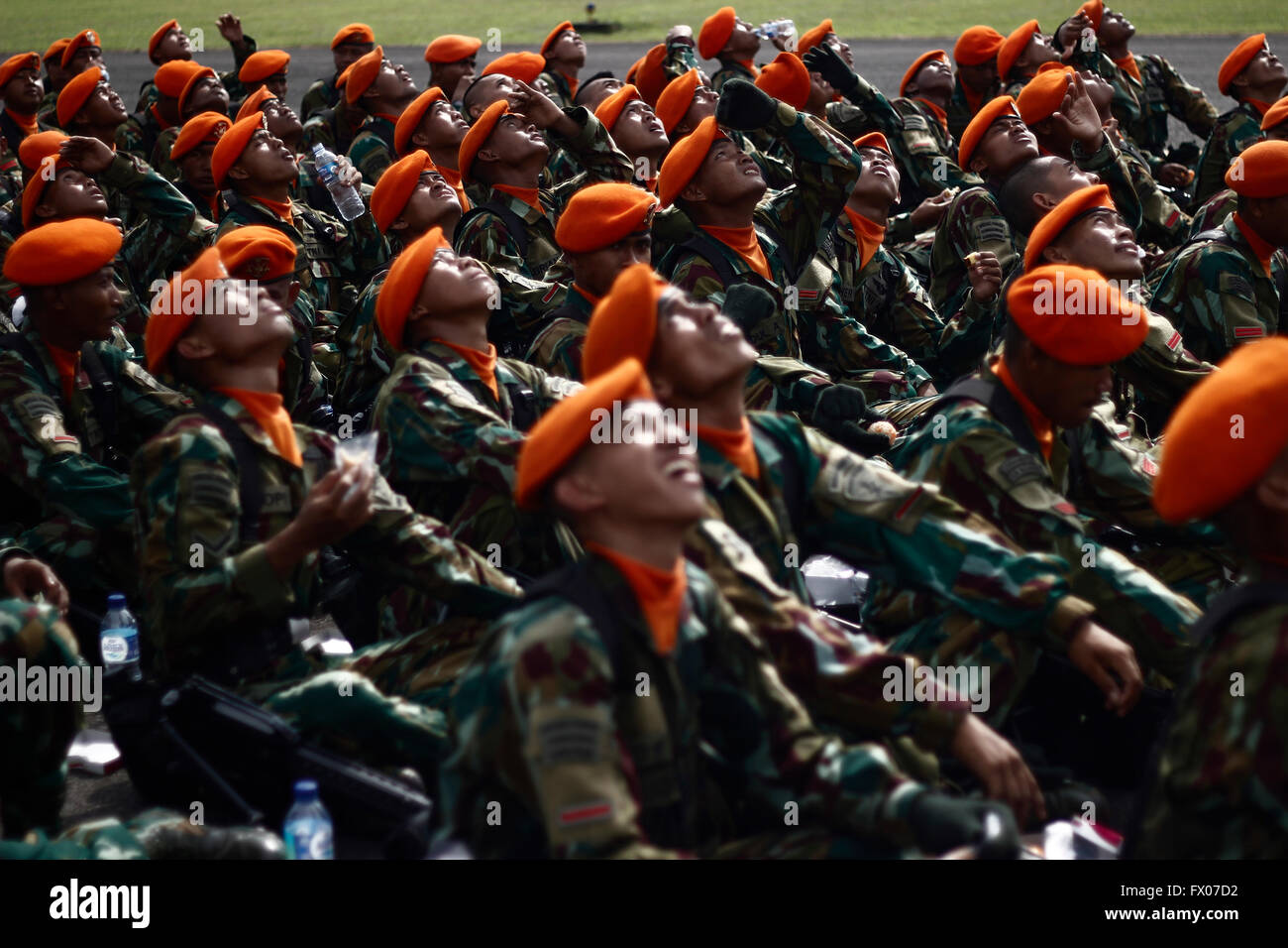 East Jakarta, Indonesia. 09th Apr, 2016. Indonesian soldiers watch the ...