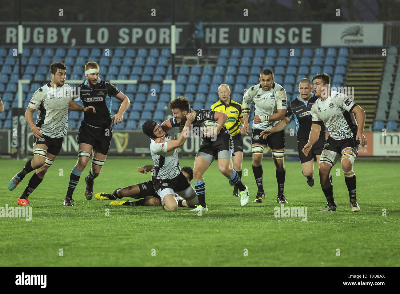 Parma, Italy.08th April, 2016. Glasgow scrum half Ali Price fights to ...