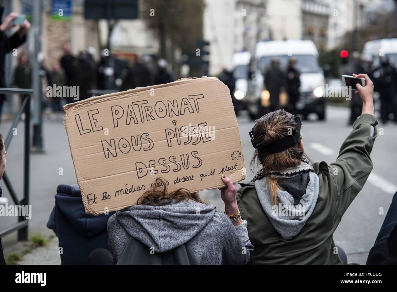 France , Rennes ,April 09,2016 Protesters hold placards, banner ...