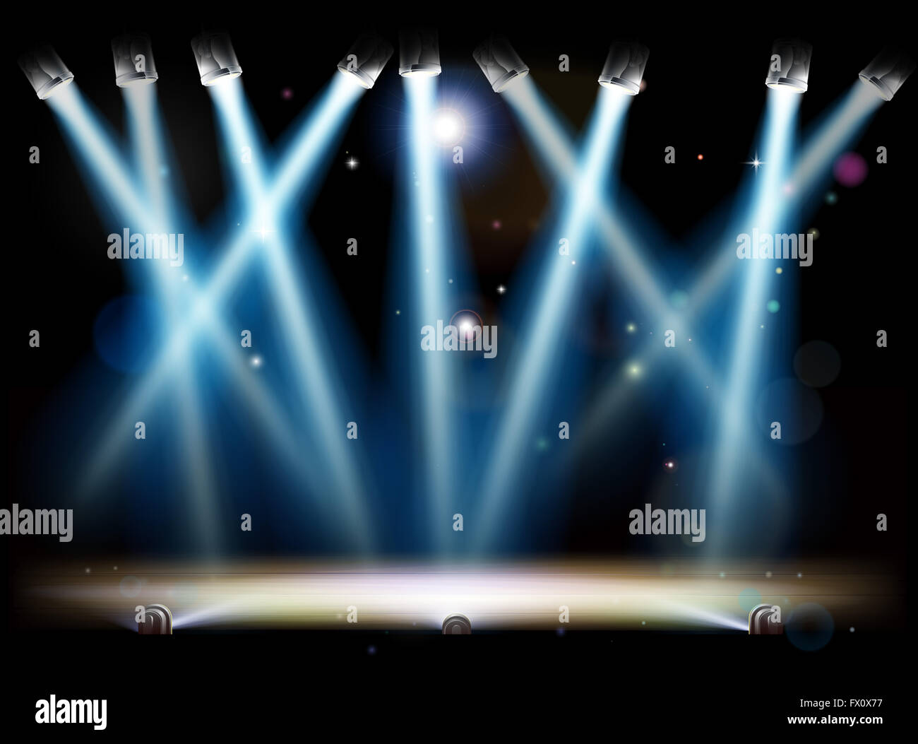 A theatre or theater stage and with footlights and spotlights Stock ...