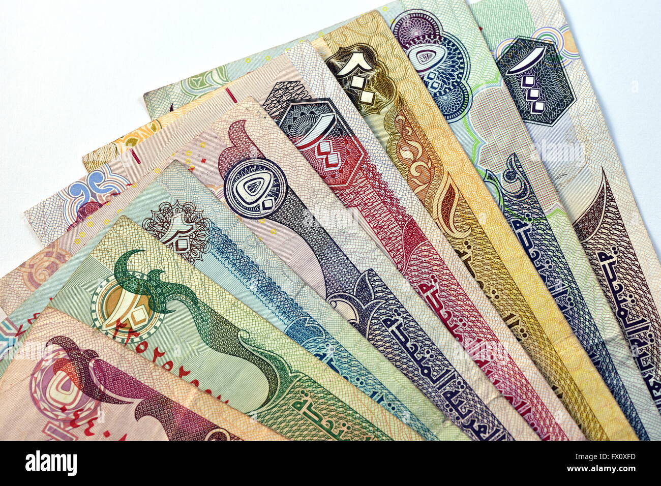 Close up different Dirhams currency note and coins, United Arab ...