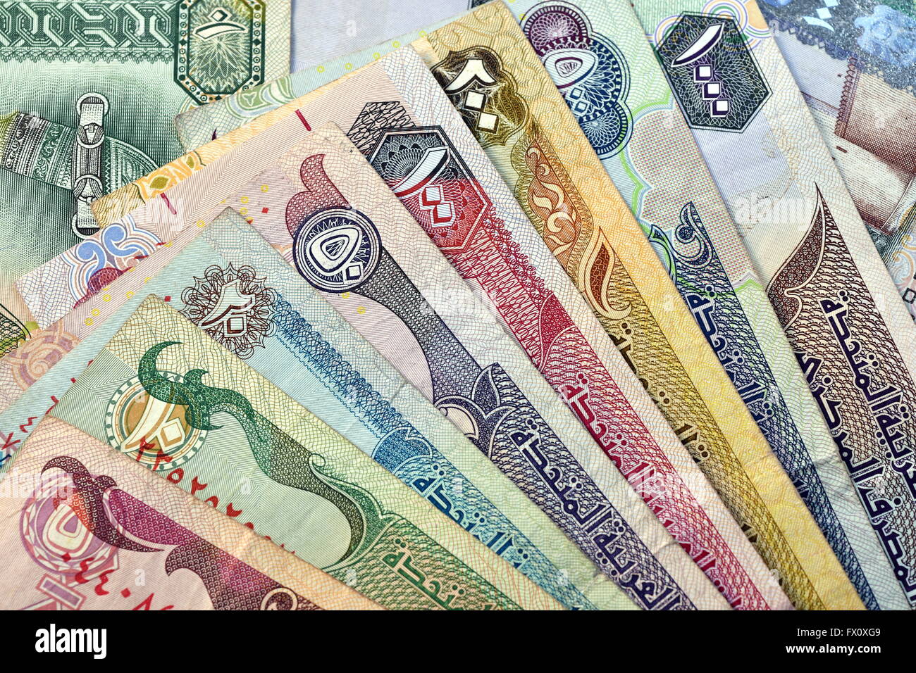 Close up different Dirhams currency note and coins, United Arab ...