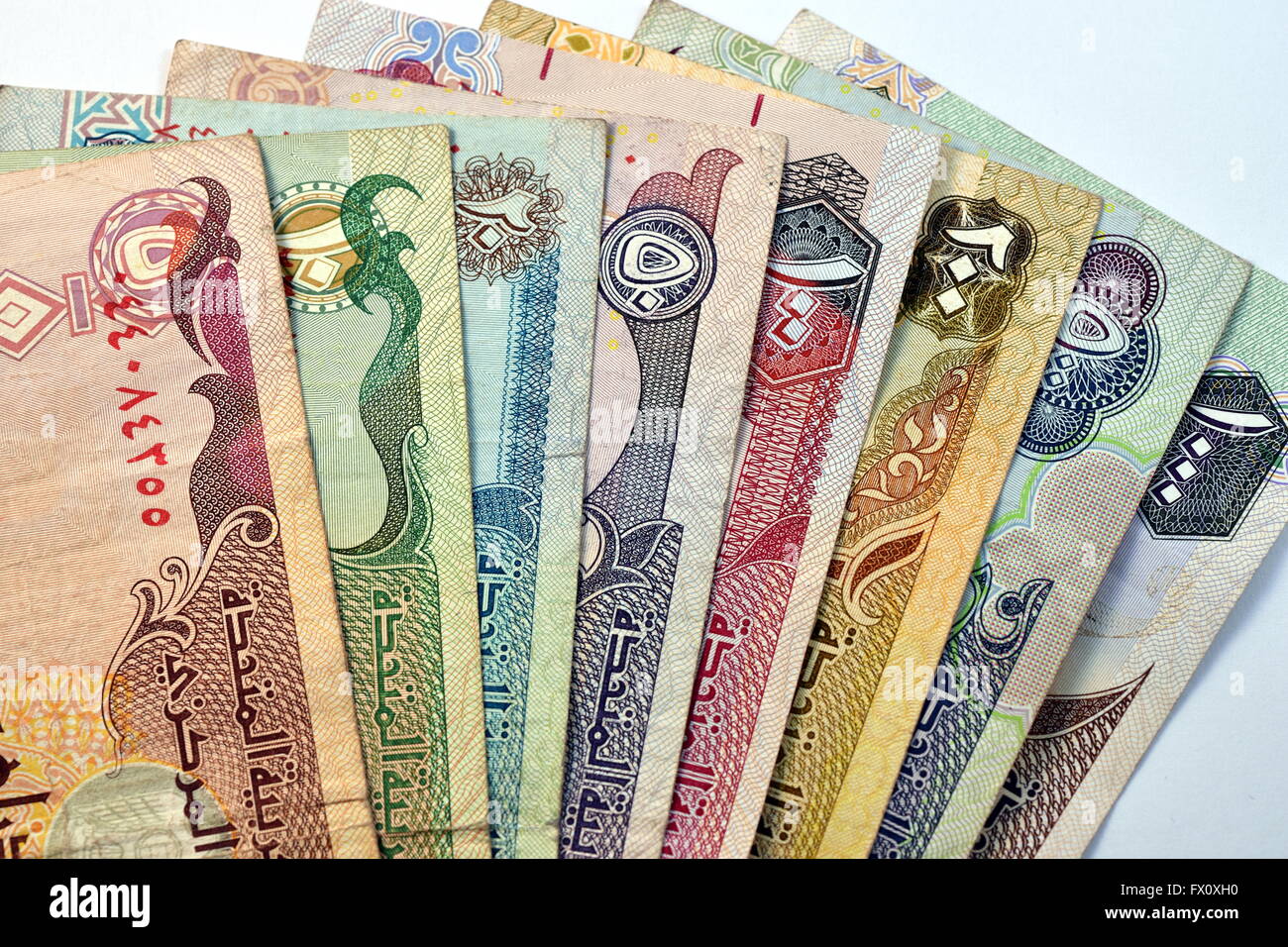 Close up different Dirhams currency note and coins, United Arab ...