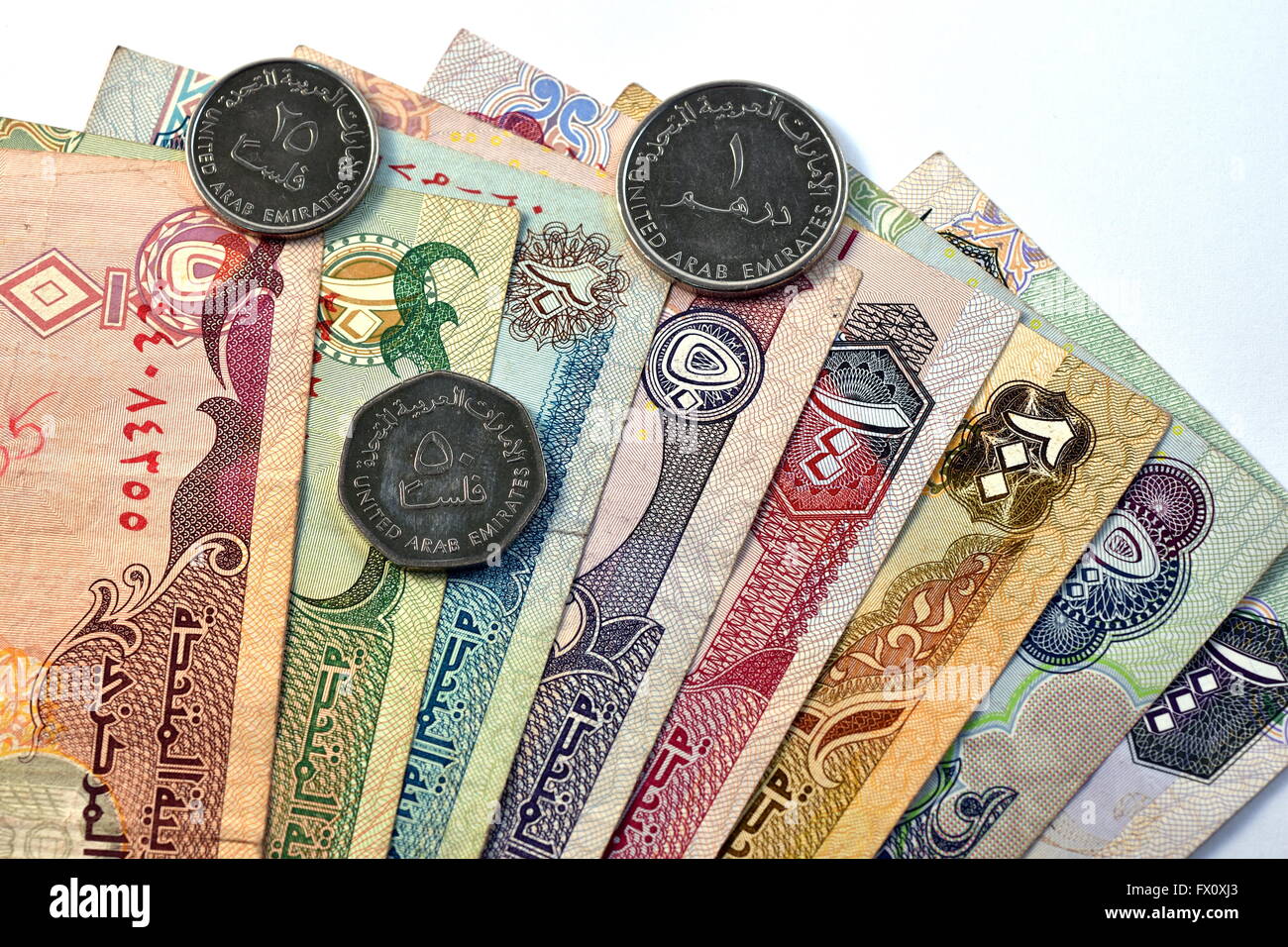 Close up different Dirhams currency note and coins, United Arab ...