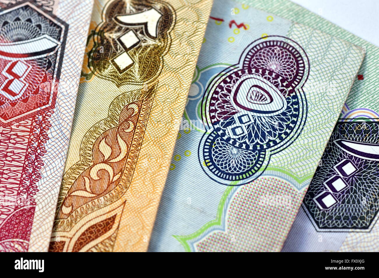 Close up different Dirhams currency note and coins, United Arab ...