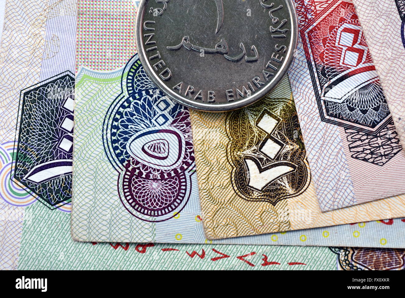 Close up different Dirhams currency note and coins, United Arab ...