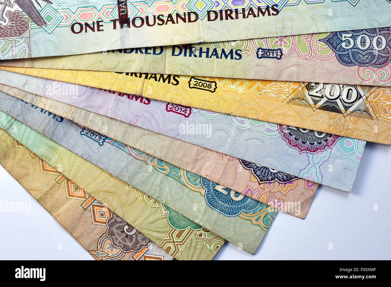 Close up different Dirhams currency note and coins, United Arab ...