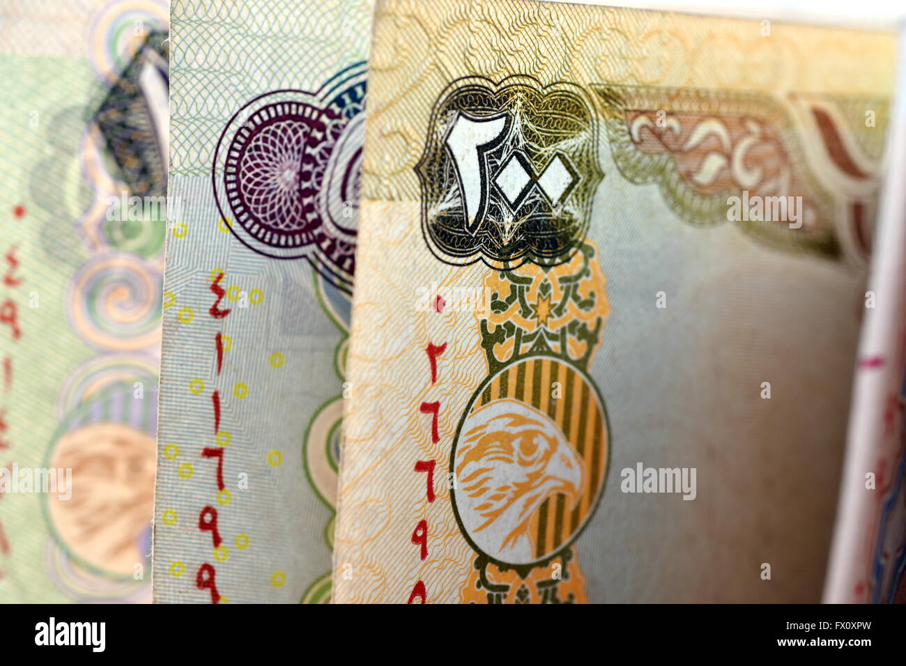 Close up different Dirhams currency note and coins, United Arab ...