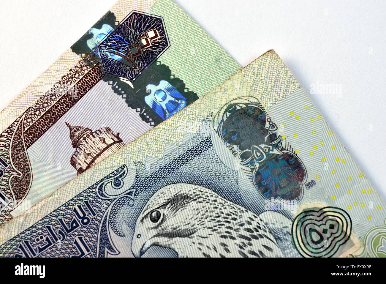 Close up different Dirhams currency note and coins, United Arab ...