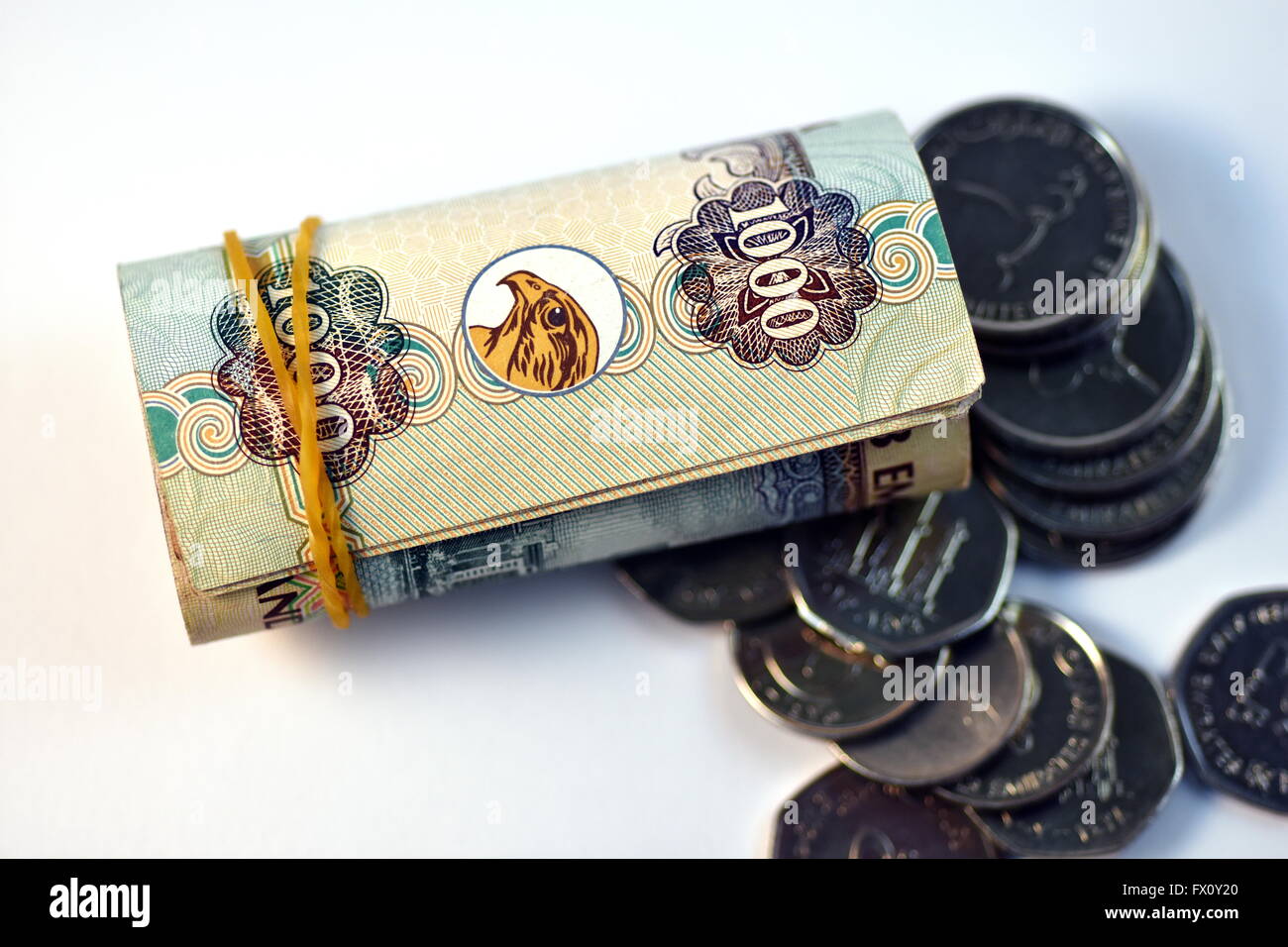 Close up different Dirhams currency note and coins, United Arab ...
