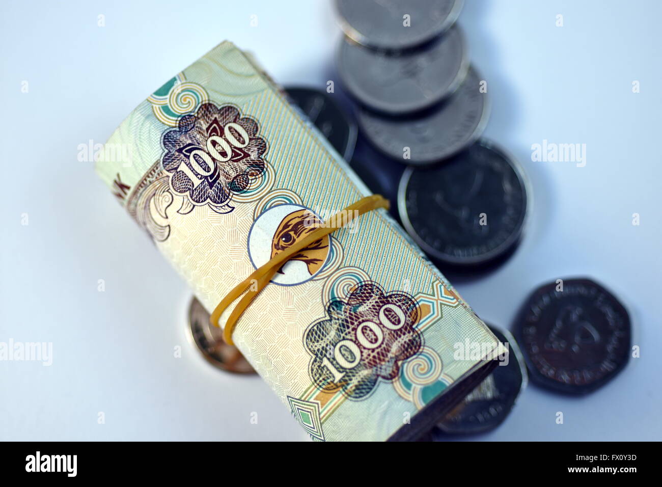 Close up different Dirhams currency note and coins, United Arab ...