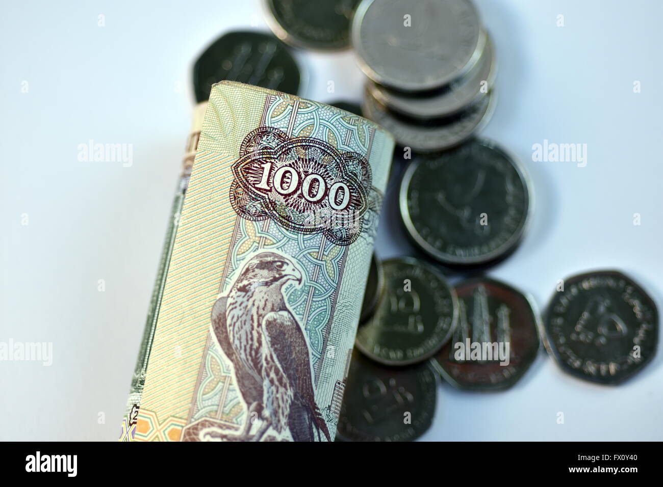 Close up different Dirhams currency note and coins, United Arab ...