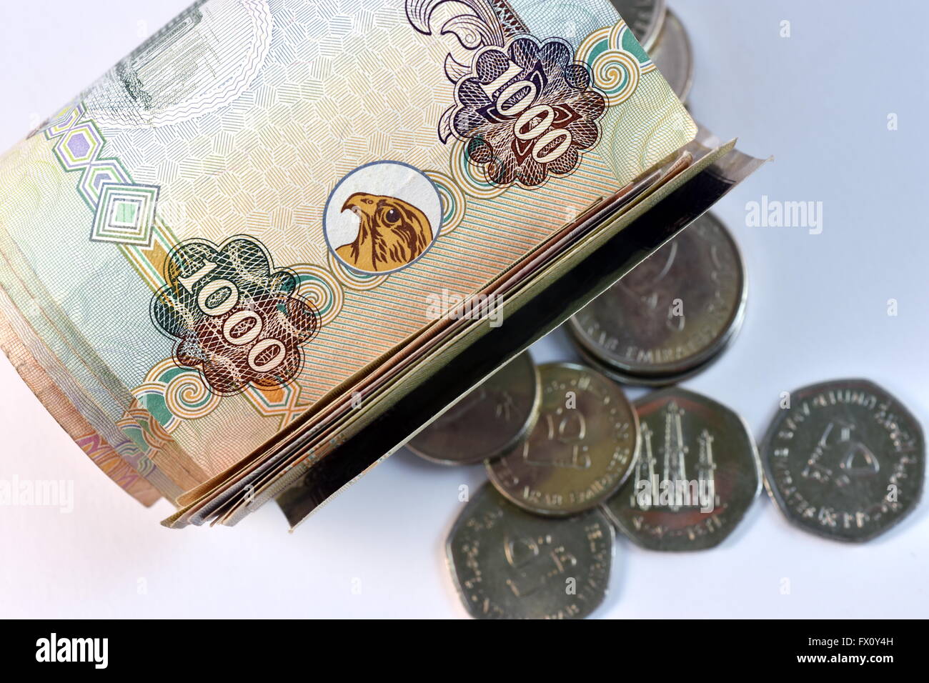 Close up different Dirhams currency note and coins, United Arab ...