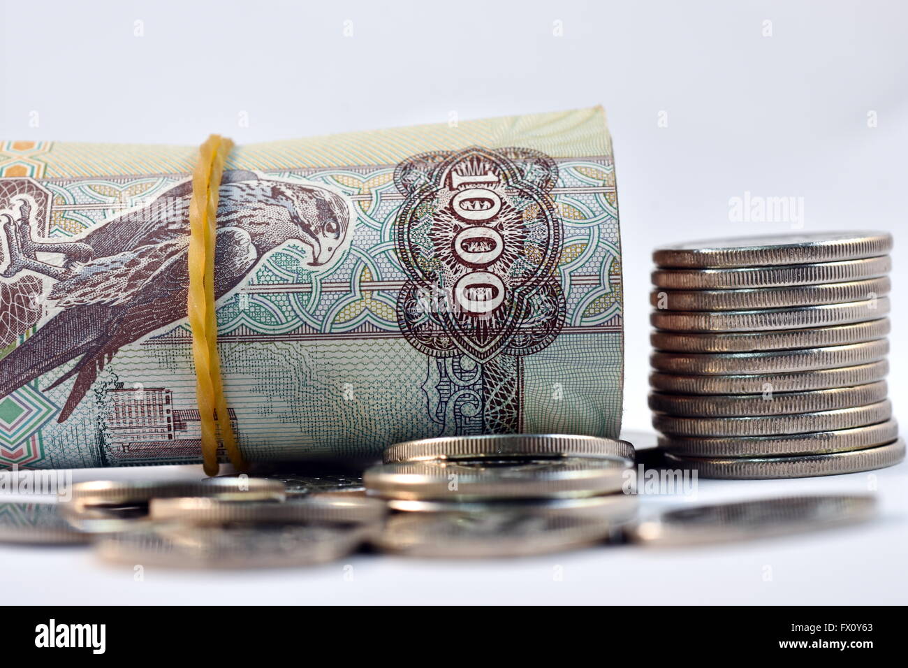 Close up different Dirhams currency note and coins, United Arab ...
