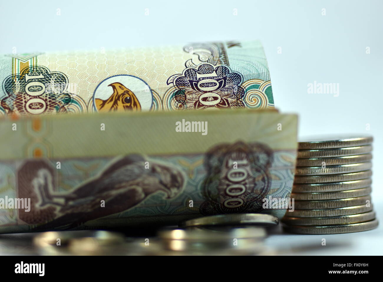 Close up different Dirhams currency note and coins, United Arab ...