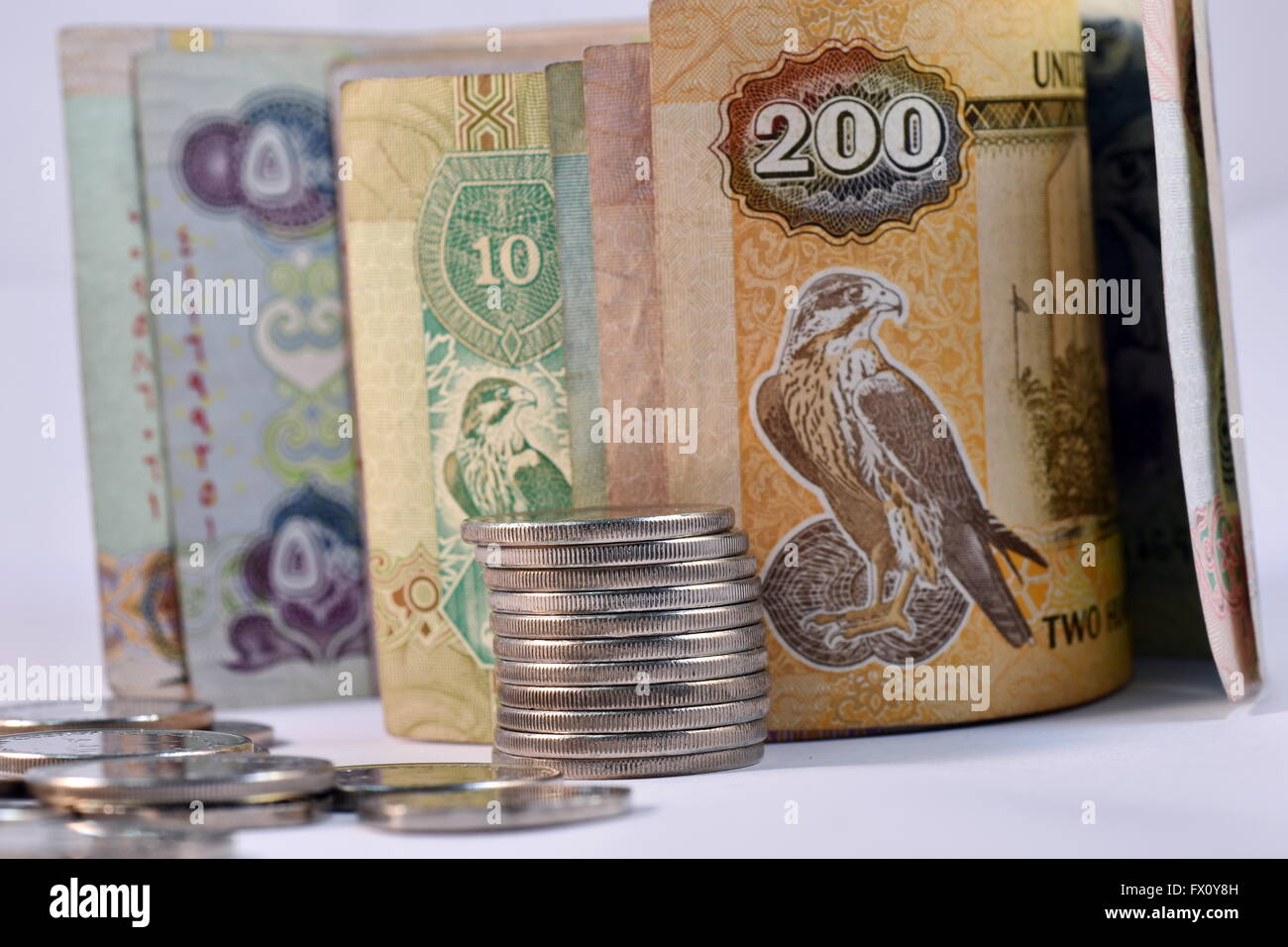 Close up different Dirhams currency note and coins, United Arab ...