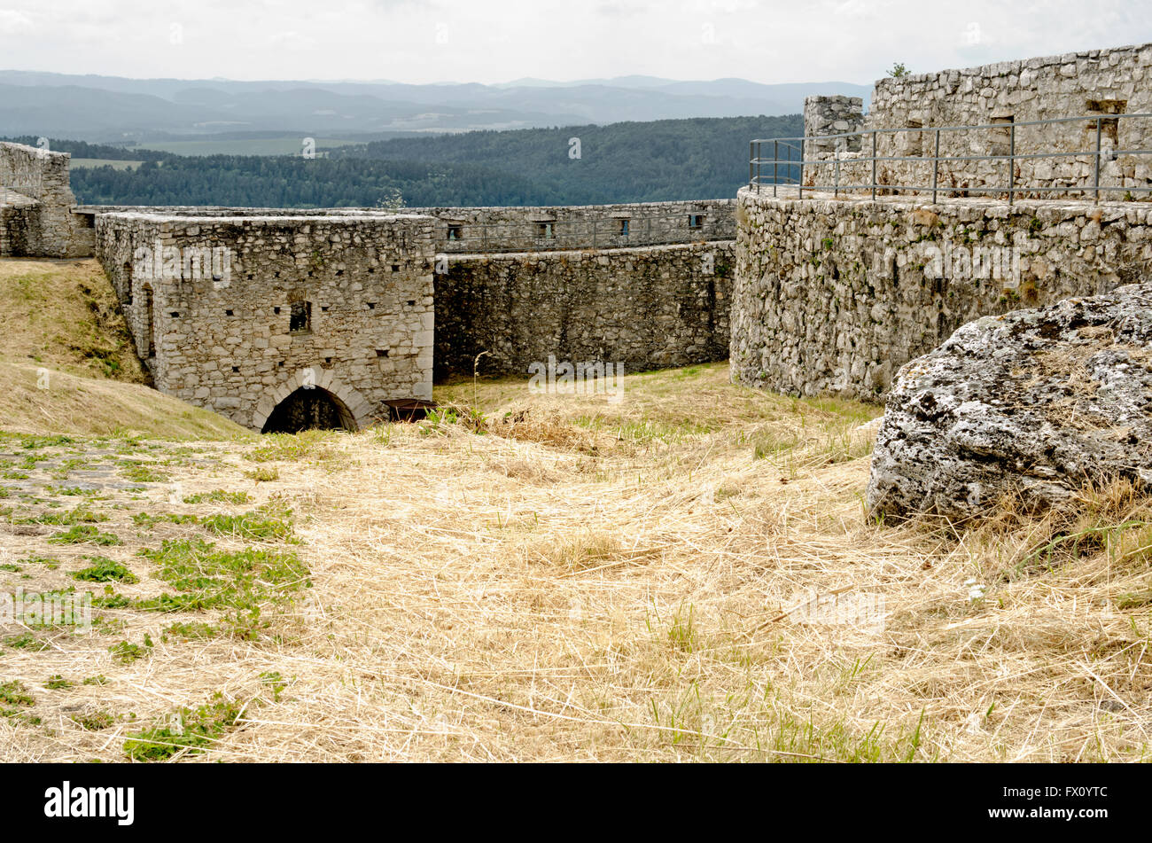 Stone gothic walls and castle port, mist above forest in the background ...