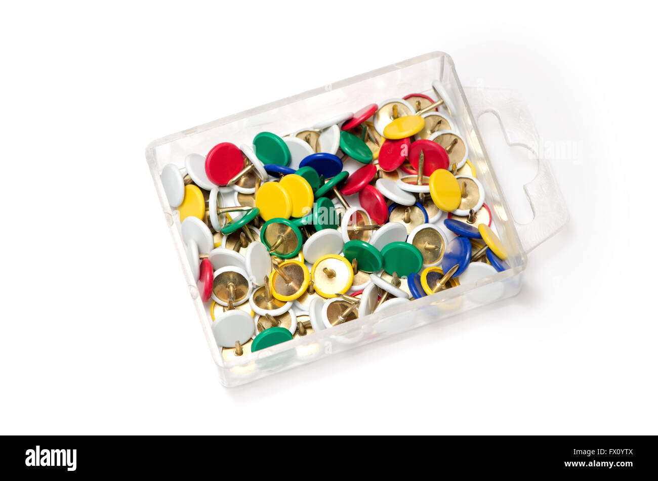 A lot of colorful thumb tack in the plastic box Stock Photo - Alamy