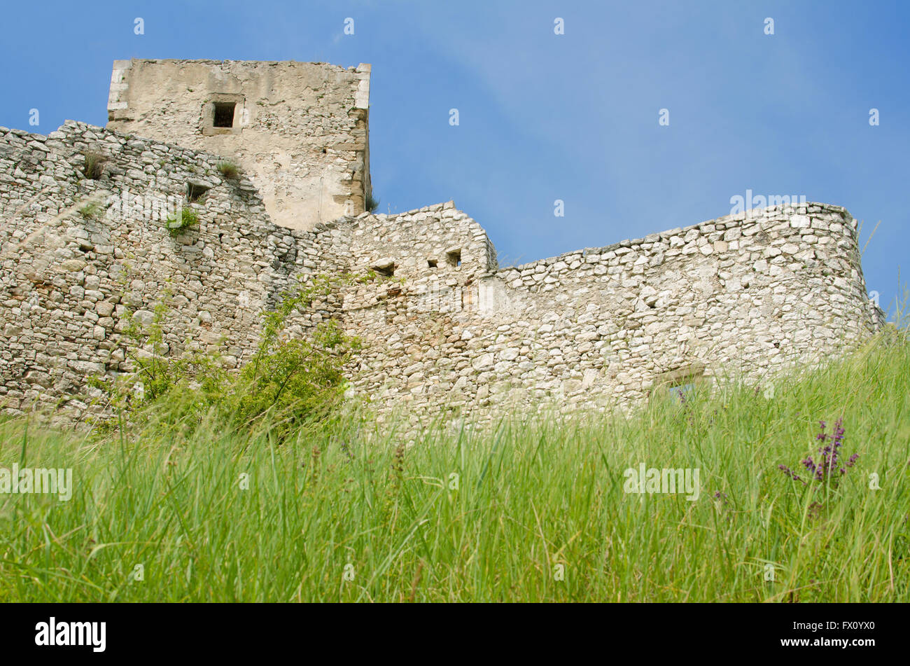 Stone castle's wall and tower with grass as foreground Stock Photo - Alamy
